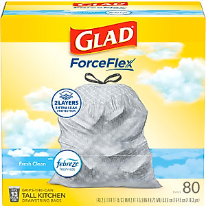 GLAD ForceFlex Tall Drawstring Trash Bags, 13 Gallon Grey Trash Bags for Tall Kitchen Trash Can, Fresh Clean with Febreze Freshness to Eliminate Odors, 80 Count - Packaging May Vary