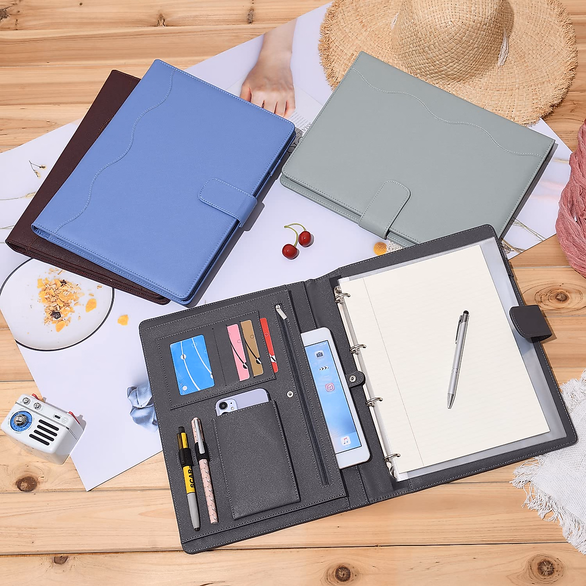 Wonderpool A4 PU Leather Ring Holder Writing Portfolio Multi Document Case with Removable Binder Clipboard and Functional Pocket for Organizer Office Travel School (Blue)