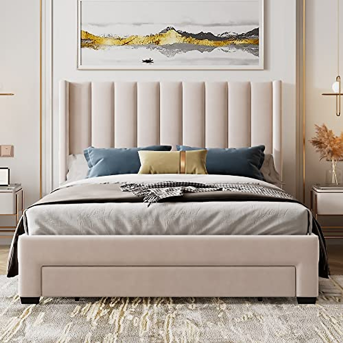 Prohon Queen Bed Frame with Wingback Headboard and A Big Storage Drawers on Endbed, Velvet Upholstered Platform Bed w/Wood Slats Support Mattress Foundation,No Box Spring Needed,Easy to Install,Beige