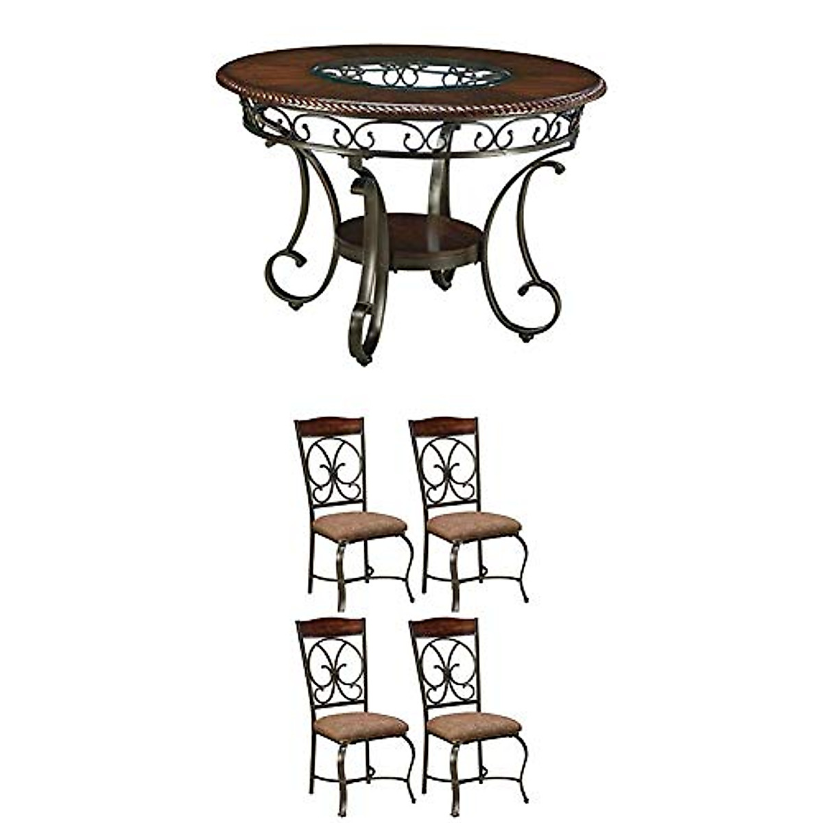 Ashley Furniture Signature Design - Glambrey Dining Room Table - Round - Brown with Glambrey Dining Room Chair Set - Scrolled Metal Accents - Set of 4 - Brown
