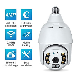 EVERSECU 2K 4MP Light Bulb Security Camera, Outdoor Waterproof, 360° View, 2.4G WiFi&Wireless, Motion Detection, Auto Tracking, 2 Way Audio, Color Night Vision, Work with Alexa Google, Siren Alarm