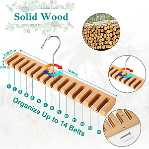 Belt Hanger for Closet, 2 in 1 Wooden Wall Mount 14 Belt Organizer w/Through-The-Wall Nails, Belt Rack w/ 360° Swivel Hook, Tie and Belt Organizer Display for Closet, Door, Wall, 1 Pack, Natrual
