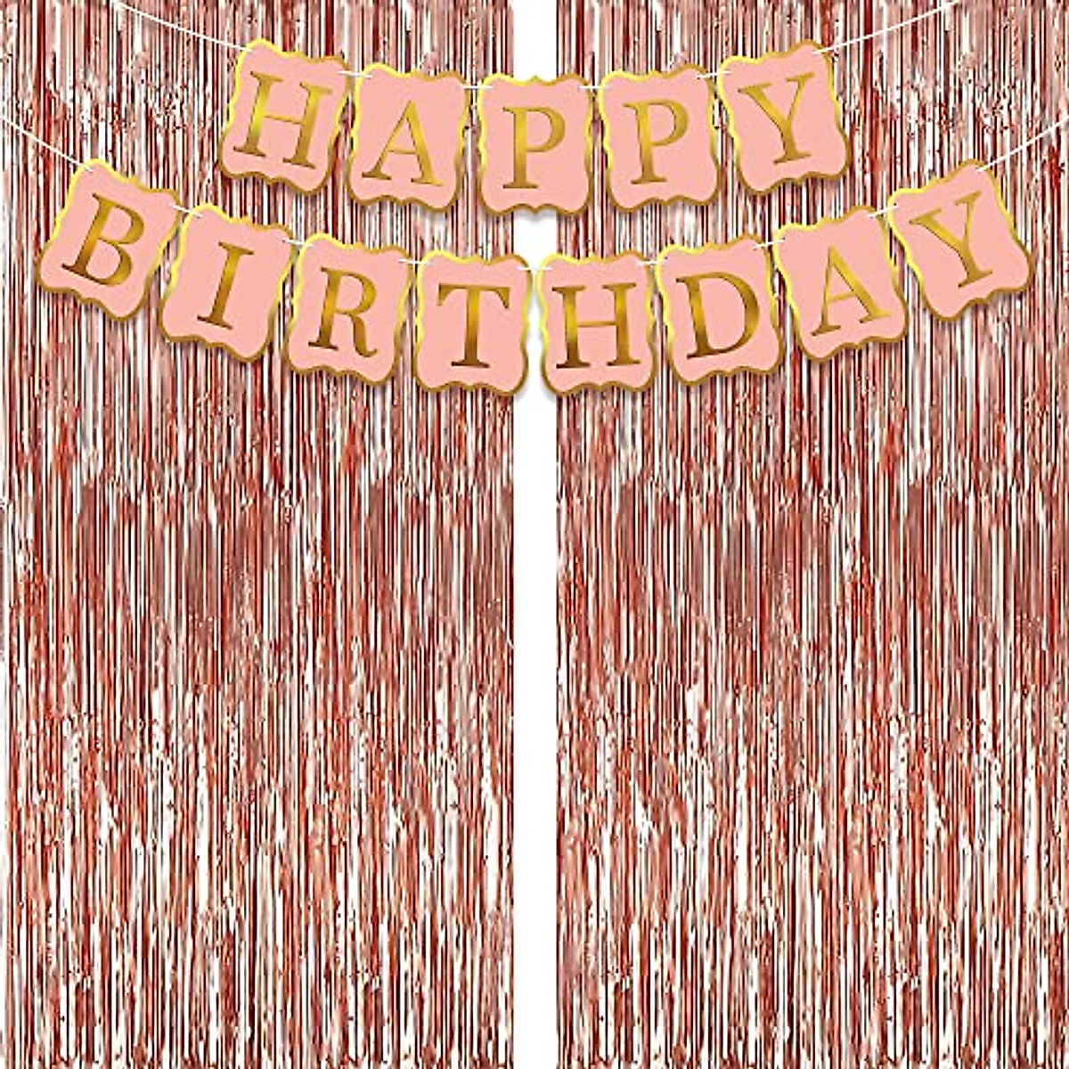Huge, Rose Gold Backdrop for Birthday - Pack of 3 | Rose Gold Fringe Curtain with Peach Happy Birthday Banner | Rose Gold Streamers | Rose Gold Happy Birthday Banner | Rose Gold Birthday Decorations
