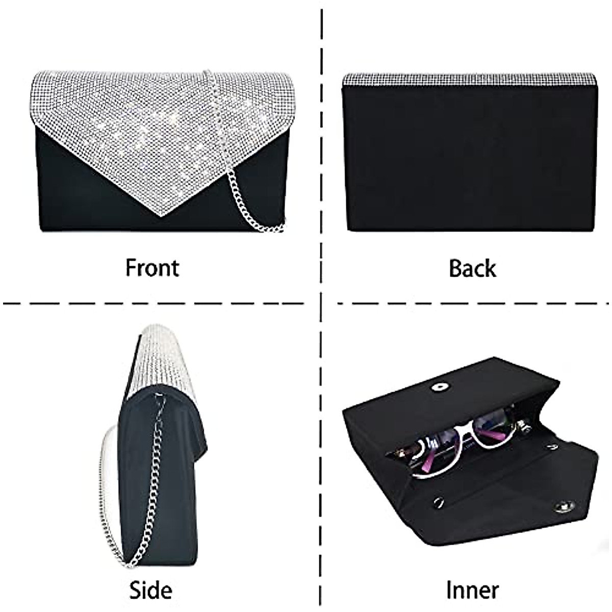 JUBOO PARADISE Black Evening Purses for Women Wedding Prom Party, Silver Rhinestone Faux Suede Crossbody Shoulder Formal Bride Envelop Evening Clutch Bag Handbag