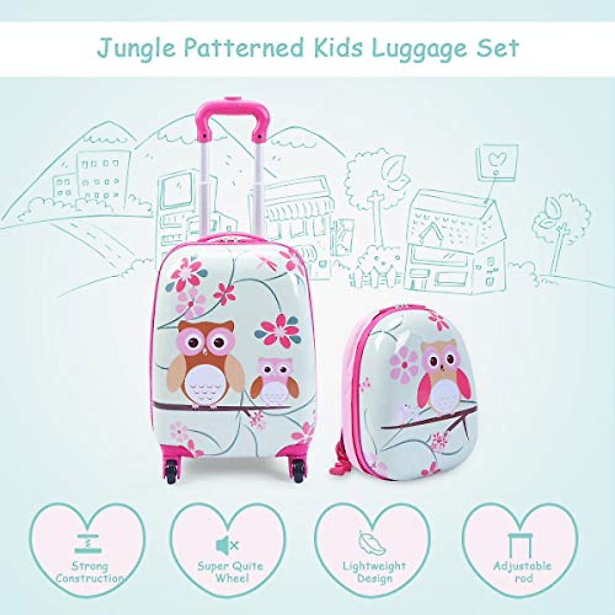 GYMAX Kids Carry On Luggage Set, 12" & 16" 2PCS Rolling Suitcase (Owl)
