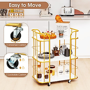 Giantex Gold Bar Cart, Home Island Service Cart, 3 Tier Storage Shelves with Guardrail, Imitation Marble Top, Kitchen Utility Trolley on Wheel Lockable for Dining Room Wine Coffee Bar White (1)