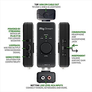 IK Multimedia iRig Stream stereo audio interface for iPhone, iPad, Mac, iOS and PC with USB-C, Lightning and USB for 24-bit, 48 kHz recording from mixers and studio gear