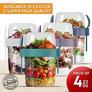 QUASLEQ 4-Pack Yogurt Parfait Cups - with Lids and Spoons - Reusable Yogurt Containers for On-the-Go - Portable Yogurt Cups with Topping Storage - Ideal for Oatmeal and Breakfast Prep (22 oz-650 Ml)