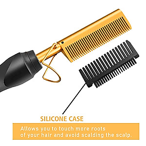 Goiple Electric Hot Comb Hair Straightener, Deluxe Electrical Straightening Comb Curling Iron for Natural Black Hair Wigs Pressing Combs with Wig Glue Hair Wax Stick Set…