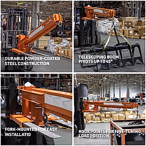 Titan Attachments Fork Mounted Jib Boom Crane Attachment, Manual Telescoping Boom Extends Up to 138â€, Pivots Up to 45 Degrees, 6,000 LB Lift Capacity, Two Swivel Hooks, Adjustable Hook Points