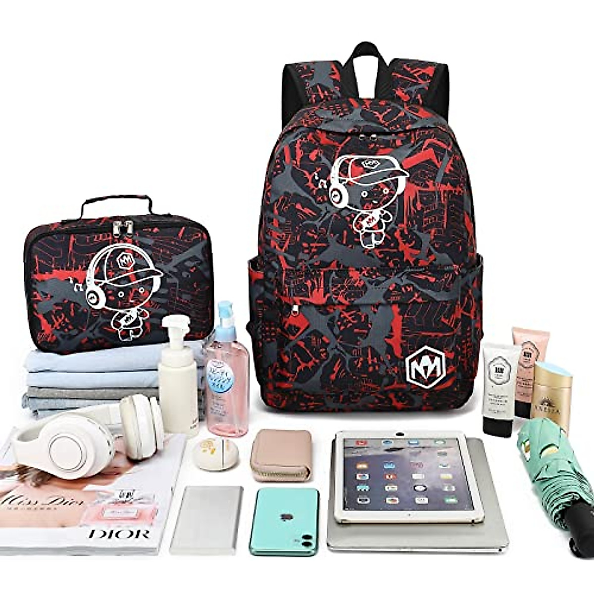 Bluboon Preschool Backpack Kids Boy Kindergarten Backpack With Lunch Box School Book Bags for Elementary Primary Schooler（Red Cool Boy