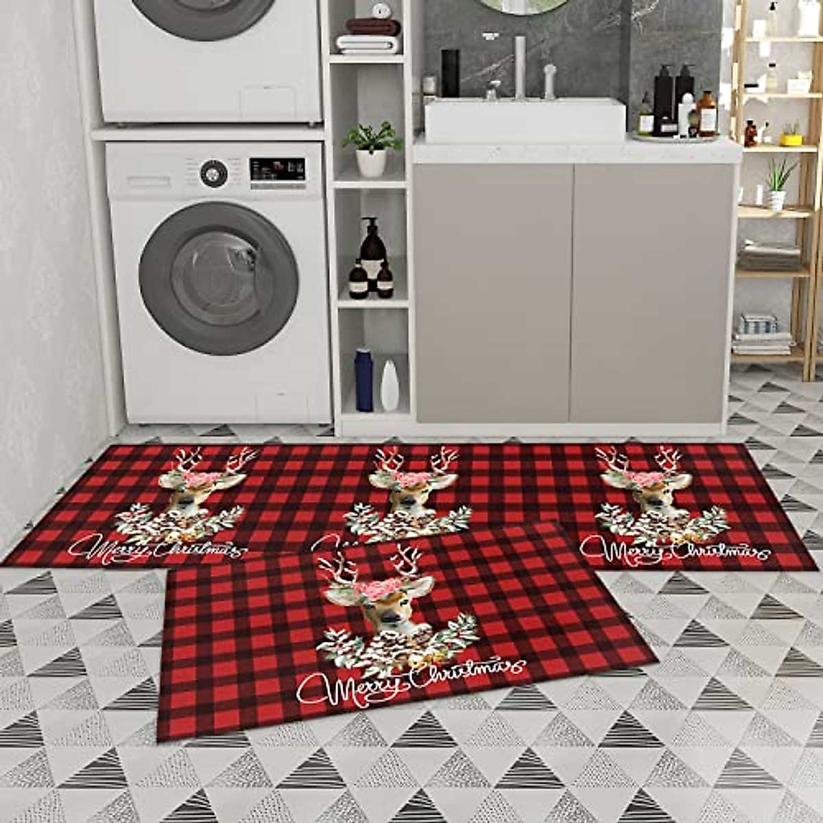 Miaklek Merry Christmas Kitchen Mats for Floor Anti Fatigue Mats for Kitchen Floor Kitchen Rugs Cushioned Mats Non Slip Comfort Standing Kitchen Rugs Set of 2, Xmas Elk Holiday Red Black Check