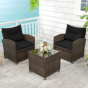ORALNER 5 Pieces Patio Furniture Set with Ottoman, Wicker Conversation Set w/Cushions, Glass Coffee Table, Outdoor Rattan Lounger Chairs Bistro Set for Porch Balcony Garden Deck Poolside (Black)