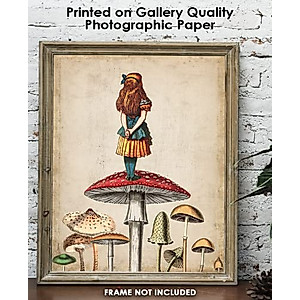 Whimsical Alice Atop Mushrooms Wall Art Print - 11x14 Unframed Picture For Home, Office, Classroom, Dorm, Living Room & Bedroom Decor - Creative Gift Idea For Alice Fans