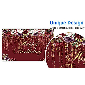 Funnytree 7x5ft Happy Birthday Party Backdrop Burgundy Red Flowers Golden Glitter Floral Photography Background Women Lady Girl Cake Table Decorations 16th 30th 40th 50th 60th Banner Photo Booth