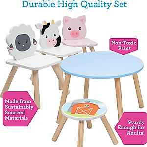 Kids Wooden Animal Table & Chair Set w 4 Seats- Cow Pig Sheep plus Adult Stool for Arts Crafts, Dining, Pretend Play- Durable Playroom Furniture for Home, Daycare Classroom- Toddler Children Xmas Gift
