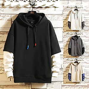 GURUNVANI Fashion Hoodies Men's Color Block Pullover O-Neck Hooded Sweatshirt Patchwork Black