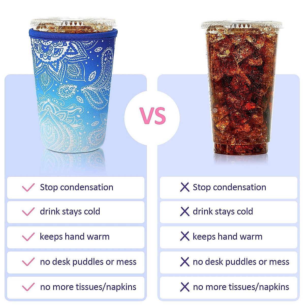 4 Pieces Reusable Coffee Sleeve Cup Insulator for Cold Drinks Beverages and Neoprene Holder for Most Coffee (22-24 oz Medium,Datura Style)