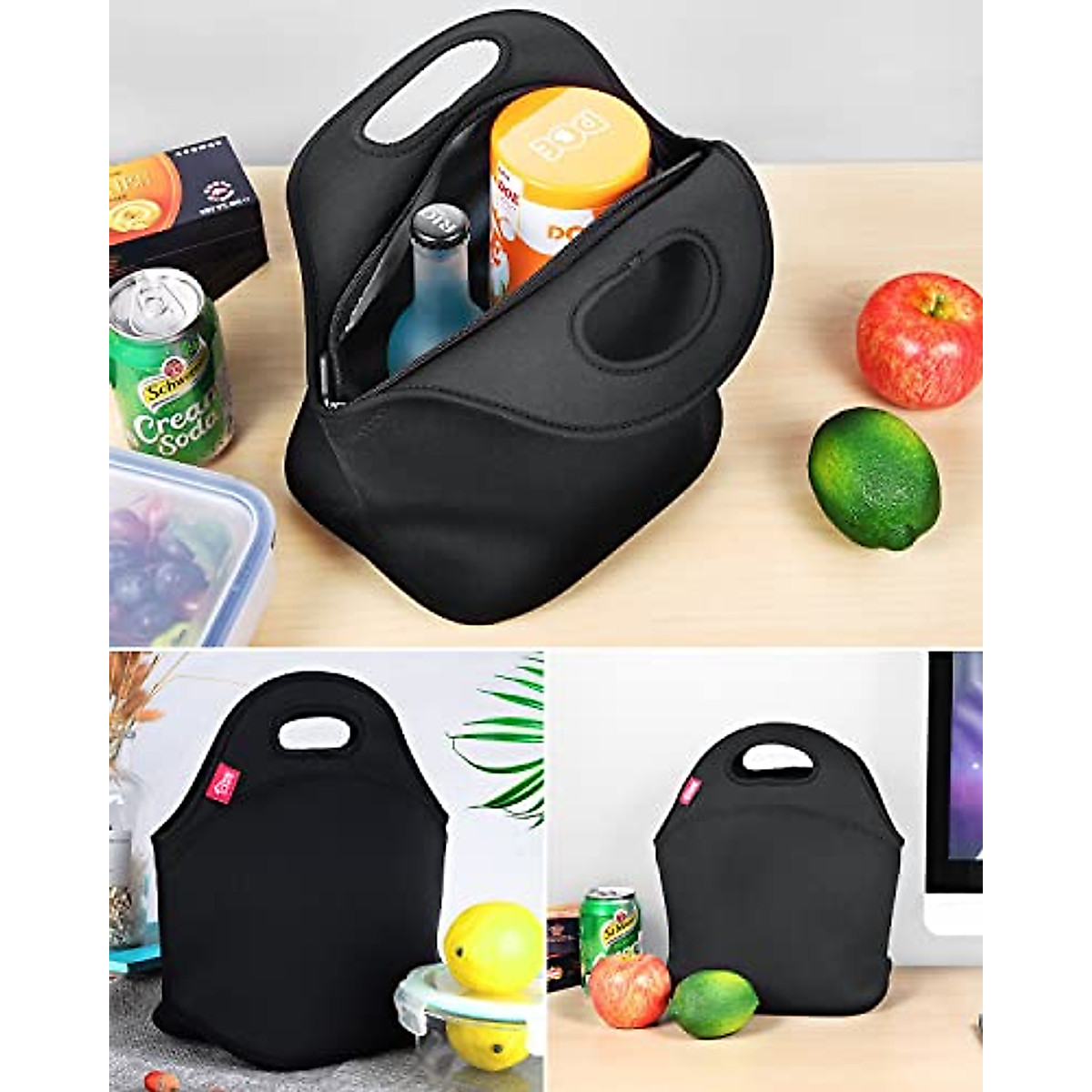 yookee home Waterproof Lunch Bag Double Layer Leakproof Neoprene Insulated Lunch Bag Freezable Black Reusable Thermal Lunch Cooler Tote Lunch Box for Boys Men Women Adult Kids for Work Outdoor