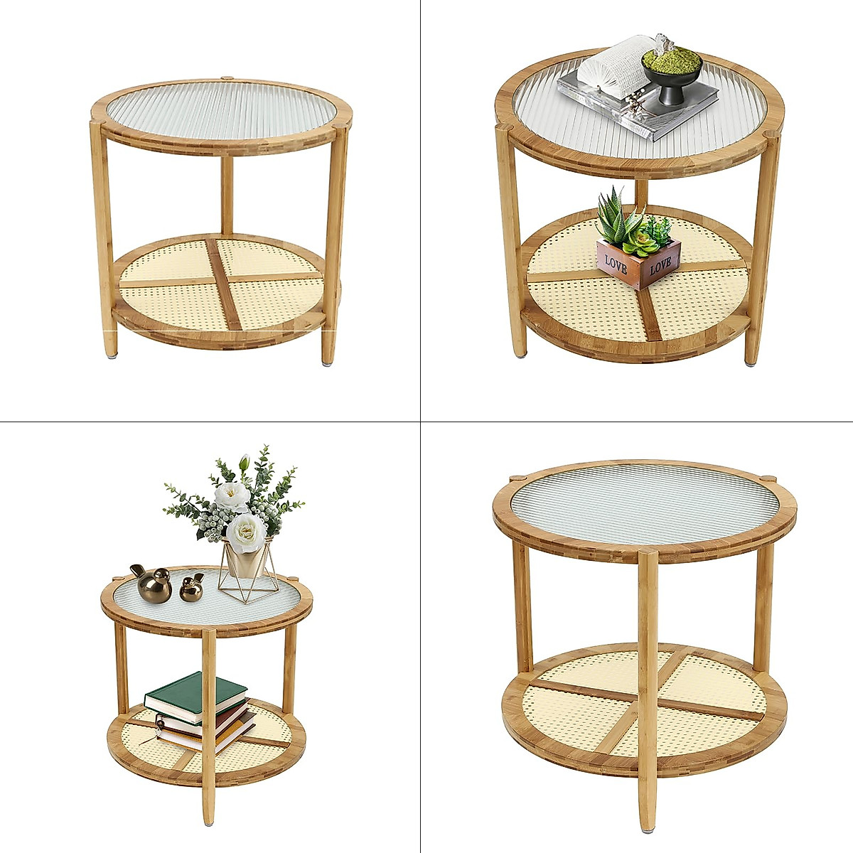 PaNeTnya 22 inch Bamboo Side Table End Table,2 Tier Round Side Table with Rattan Shelf and Glass Tabletop,Coffee Table for Living Room,Dining Room and Bedroom