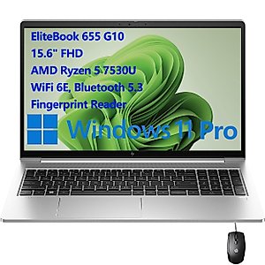 HP EliteBook 655 G10 15.6" FHD Business Laptop Computer, AMD Hexa-Core Ryzen 5 7530U (Beat i7-1355U), 4GB DDR4 RAM, 512GB PCIe SSD, WiFi 6E, Bluetooth 5.3, Fingerprint Reader, Windows 11 Pro, Tichang