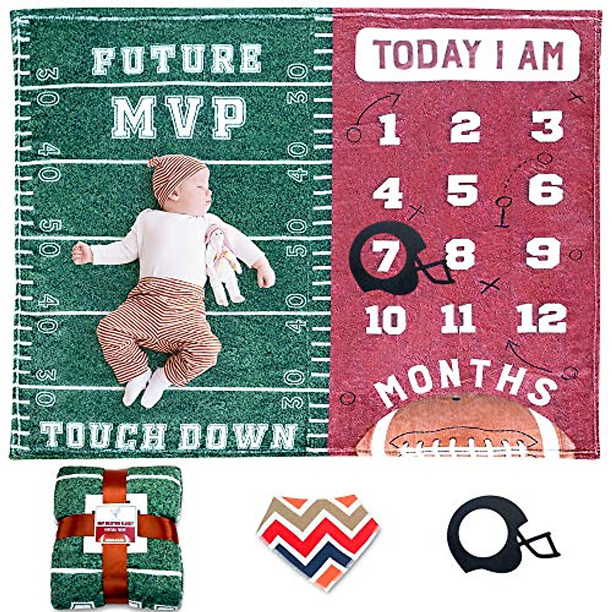 SUKOON Football Milestone Blanket for Baby Boy| Includes Frame and Bib | Large | 47"x40" | Personalized Monthly Baby Milestone Blanket for Newborn Baby Shower