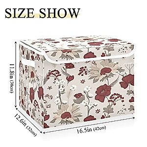 Kigai Vintage Red Flowers Storage Bins with Lids and Handles 17x13x12 In Foldable Fabric Storage Basket Toys Clothes Organizer for Shelves Closet Home Bedroom Office