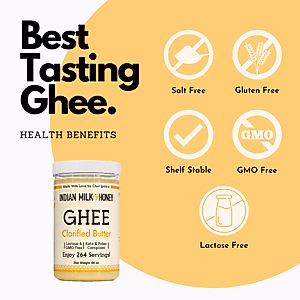 Classic Ghee Butter, Grass-Fed by Indian Milk & Honey, 44 oz with 264 Servings Each | Handmade & Locally Sourced Ghee Clarified Butter | Lactose, Gluten & Casein Free | Ghee in Recyclable PET Jars