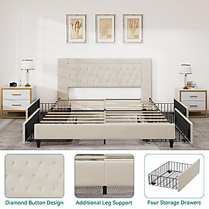 YITAHOME King Size Bed Frame, Storage Bed Frame with 4 Drawer Storage & Diamond Button Tufted Headboard, Contemporary Upholstered Platform Bed Frame, Box Spring Not Required, Beige