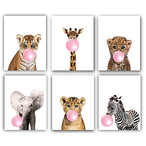 Designs by Maria Inc. Set of 6 UNFRAMED safari animal kids blowing pink bubblegum nursery decor | Cute animal pictures | Animal posters safari wall decor | Animal bubbles play room Wall Art (8"x10")