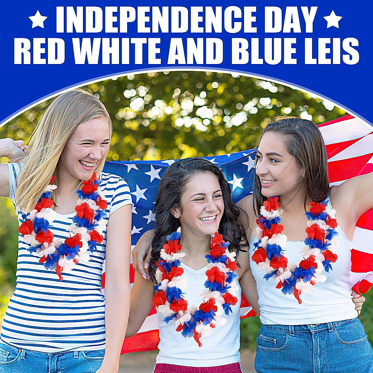 JUNEBRUSHS 24 Pack Patriotic Leis Red White and Blue Flower Leis, 4th of July Garlands Hawaiian Luau Flower Necklaces Bulk for Fourth of July, Memorial Day, Independence Day Decorations Party Favors