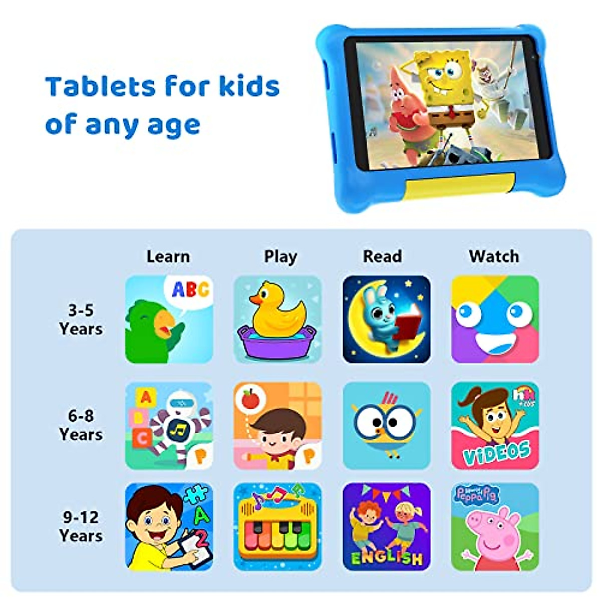 FancyDay Kids Tablet, 7 inch Tablet for Kids with Parental Control, Kidoz Installed, 2GB RAM+32GB ROM Android 12 System, Dual Camera, Toddler Tablet with Protective Case (Blue)
