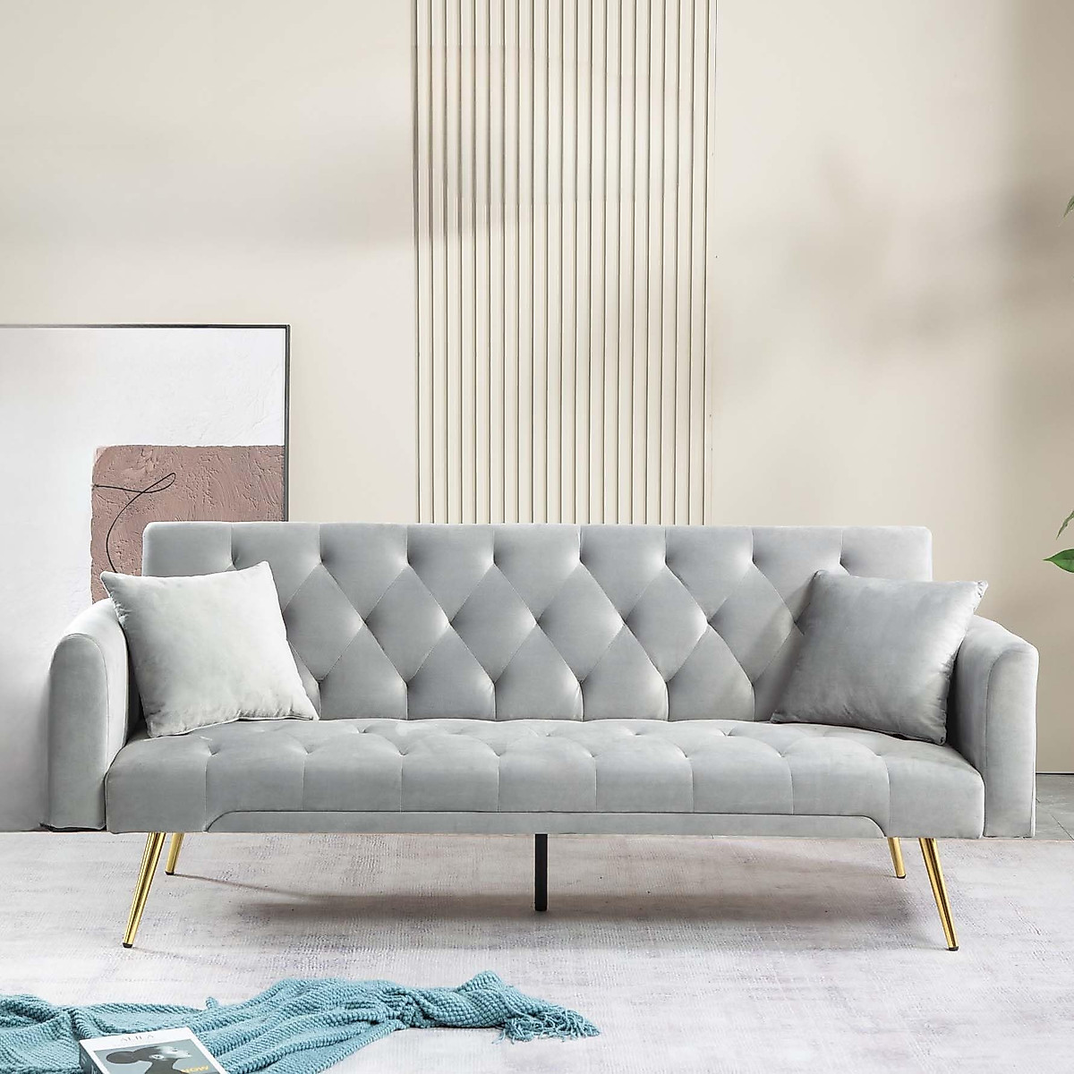 RIDFY Velvet Sofa Bed Futon with 2 Pillows, Modern Convertible Sleeper Couch, Folding Upholstered Recliner Loveseat, 3-Angle Adjustable, 2-in 1Memory Foam Living Seat for Office Studio (Grey)