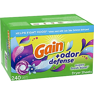 Gain + Odor Defense Dryer Sheets, Super Fresh Blast Scent Fabric Softener Sheets, 240 ct