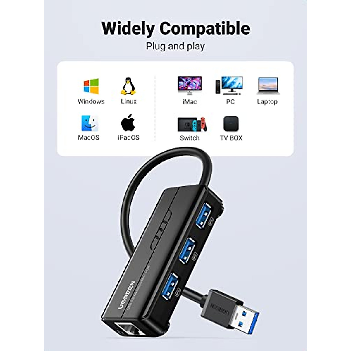 UGREEN USB 3.0 Hub Ethernet Adapter 10 100 1000 Gigabit Network Converter with 3 USB 3.0 Ports Hub Compatible with Laptop PC Nintendo Switch MacBook Mac Mini Surface XPS Windows Linux macOS, and More