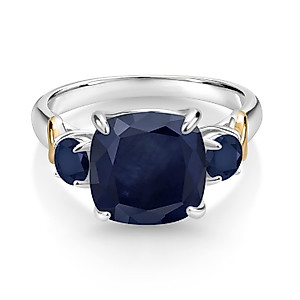Gem Stone King 925 Silver and 10K Yellow Gold Blue Sapphire 3 Stone Ring For Women (5.30 Cttw, Gemstone September Birthstone, Cushion 10MM, Round 4MM, Available In Size 5, 6, 7, 8, 9)