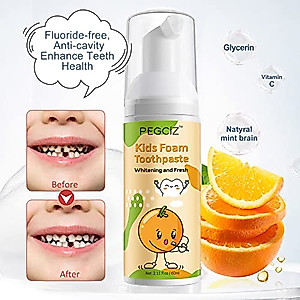 Foam Toothpaste Kids, Children Whitening Toothpaste with Low Fluoride & Natural Formula to Reduce Plaque, Toddler Foaming Toothpaste for U Shaped Toothbrush for Kids Ages 3 and Up (Strawberry&Orange)