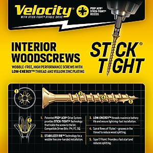 Velocity Interior 2 Inch Wood Screws Contractor Pack (Size #8, 435 Pcs) – Self Tapping Screws with Phillips Bits, Stick Tight Technology, Carbon Steel with Zinc Plating, Durable Storage Organizer
