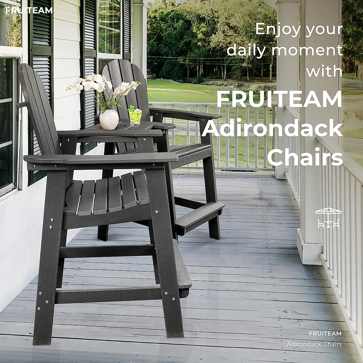 FRUITEAM High-Adirondack-Chairs Set of 2 with Connecting Tray, Outdoor Weather-Resistant Deck Chairs, Low-Maintenance Poly Balcony Chairs Set, for Patio, Poolside, Garden
