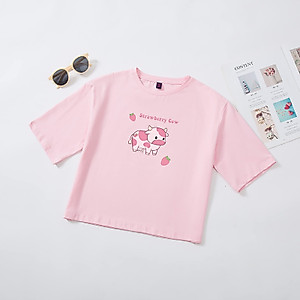 KEEVICI Womens Cute Strawberry Cow Short Sleeve Crop Tee and Shorts Pajamas Set Kawaii Print 2 Piece Sleepwear Cotton Pj Sets (Pink1,M)