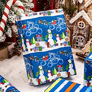 Garbendy Blue Christmas Wrapping Paper Roll - Cute Snowman pattern & Reindeer Printed in Blue Paper & Colorful Stripes in the Back for Christmas, Holiday, Party