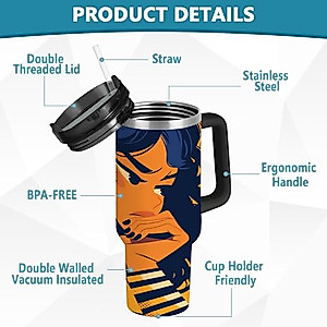 linqin Anxious Black Women Vacuum Tumbler Insulated with Straw Leak Resistant Flip 30 oz Travel Water Bottle Wide Mouth Coffee Mug Travel for Women Men Him Her