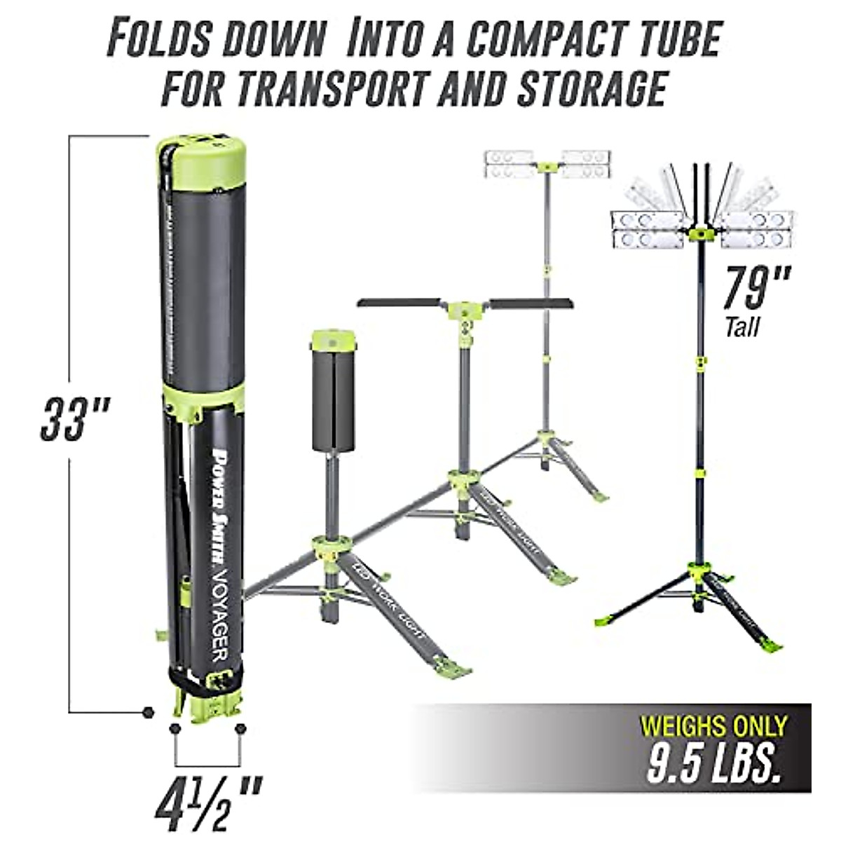 PowerSmith Voyager PVLR8000A-C 8000 Lumen Collapsible Cordless Tripod LED Work Light. Bare Light Only. 3-Way Power. AC or DC Adaptor or Battery Needed to Use Light