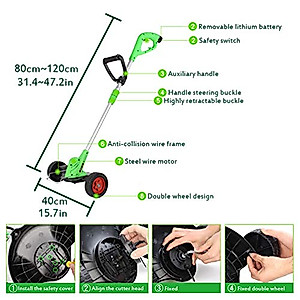 Electric Grass Trimmer , Cordless Lawn Mower with Wheel , 23cm Cutting Width（2 Lithium-Ion Battery & Quick Charger） Green