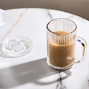 2 Pieces Clear Glass Coffee Mugs with Glass Lids Vintage Vertical Stripes Tea Mug Classic Ribbed Glasses with Handles Clear Coffee Cups for Espresso Latte Anniversary Xmas 14 oz (Clear)