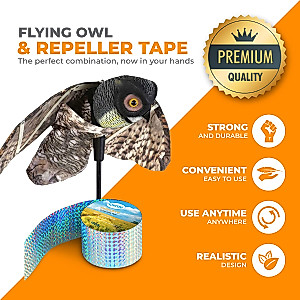 Elemu Owl Scarecrow Natural Moving Wings Plus Reflective Scare Tape Used as Bird and Rodent Repellent (150ft Roll)