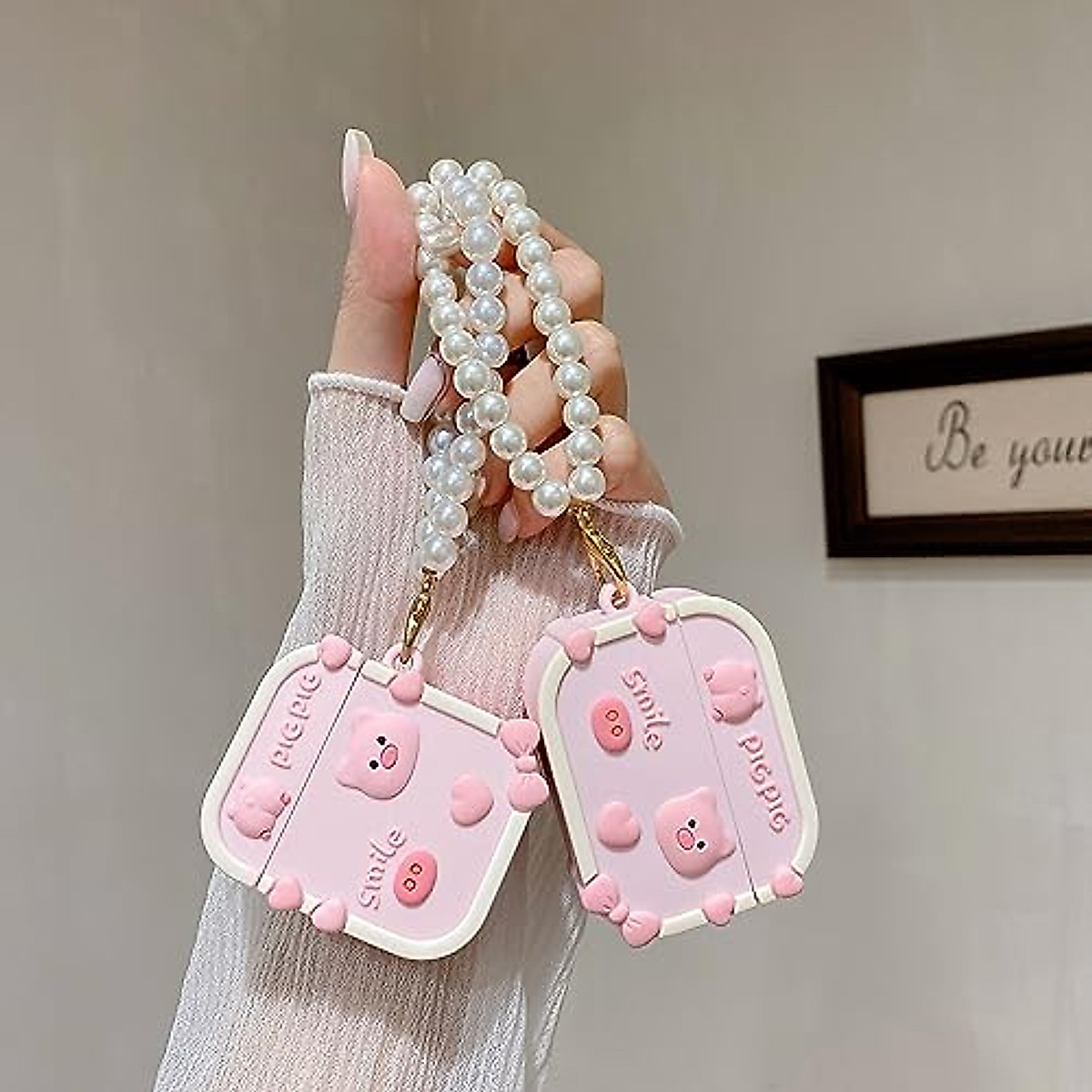 QIXIU for AirPods Pro Case Cover with Pearl Bracelet,Full Protective Silicone Skin Accessories for Women Girl,Kawaii Cute Piglet Wireless Charging Headset Accessories,Pink