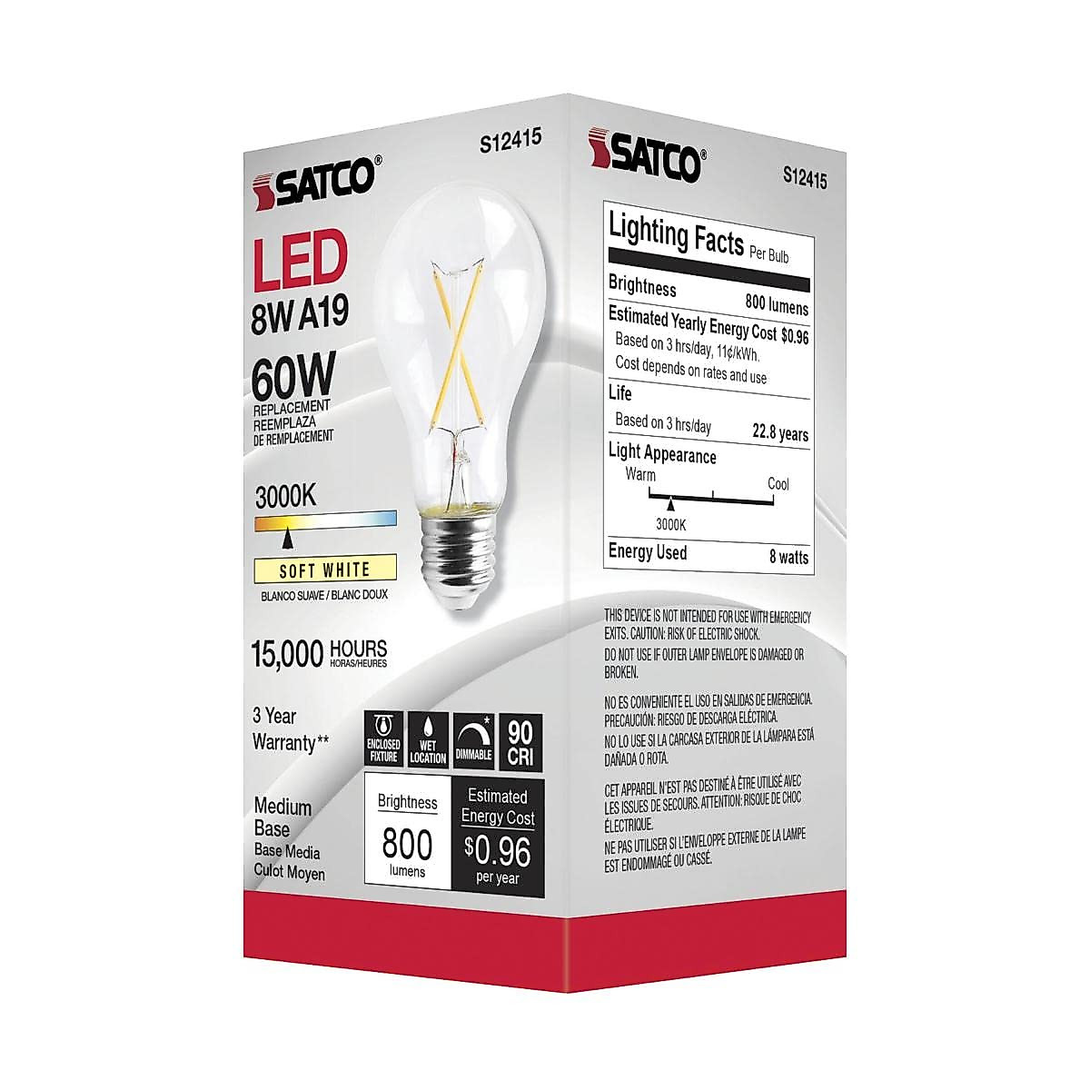 Satco S12415-8 Watt LED A19; Clear; Medium Base; 3000K 2 LED Bulbs