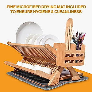 Earth's Dreams Bamboo Dish Drying Rack with Utensils Holder - 3 Tier Collapsible Wooden Dish Drainer with Microfiber Mat - Dish Organizer for Kitchen Counter - Rust Free Plate Rack