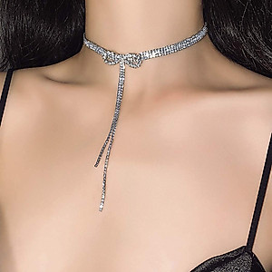 ELABEST Rhinestone Bow Necklace Crystal Bowknot Pendant Choker Dainty Tennis Chain Nightclub Party Jewelry for Women (Silver)